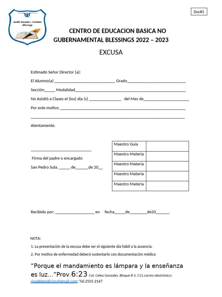 Carta de Excusa Escolar 2022-2023 | PDF