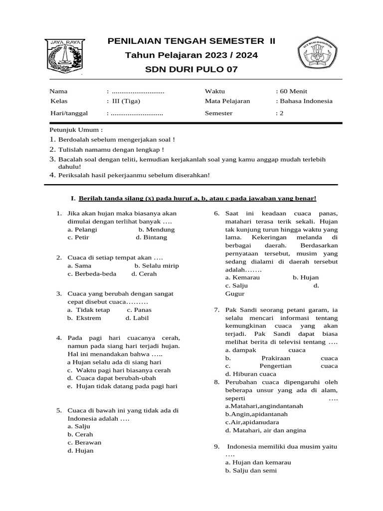 PTS Sem 2 Bahasa Indonesia KLS 3 | PDF