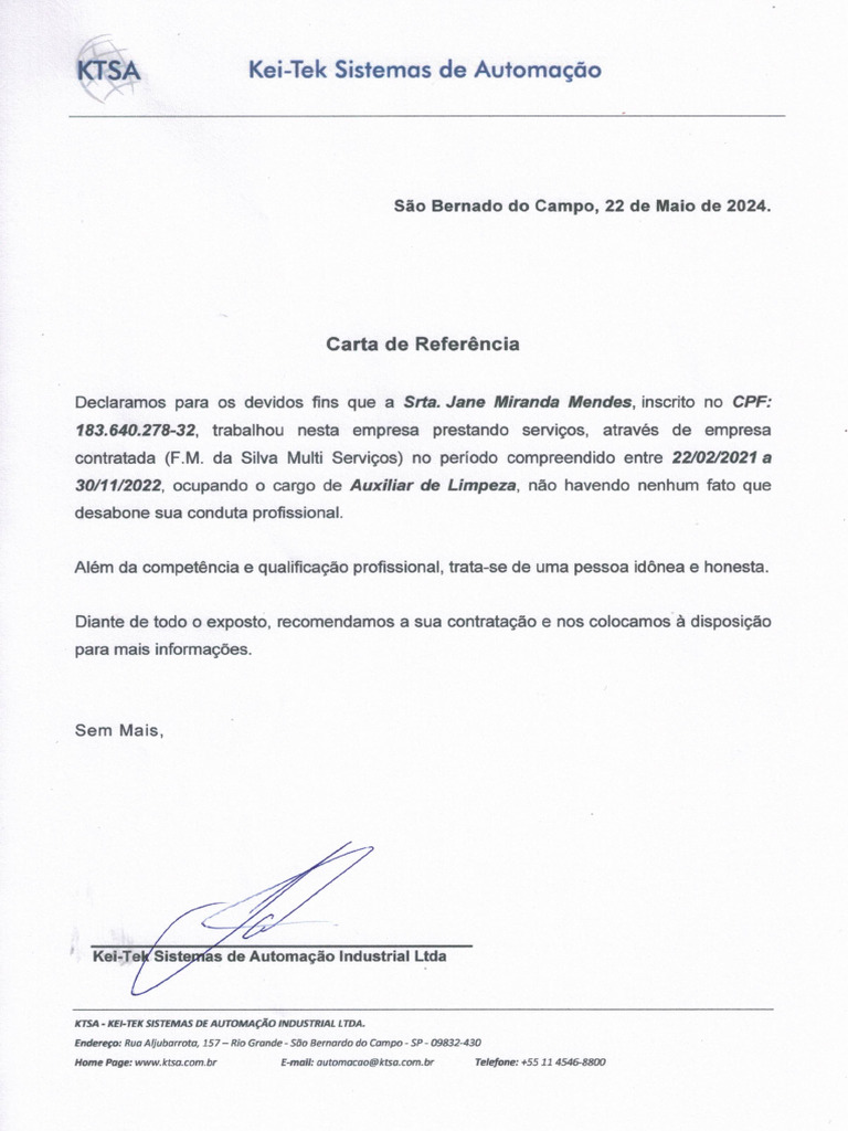 Carta de Referência - Jane Miranda Mendes | PDF