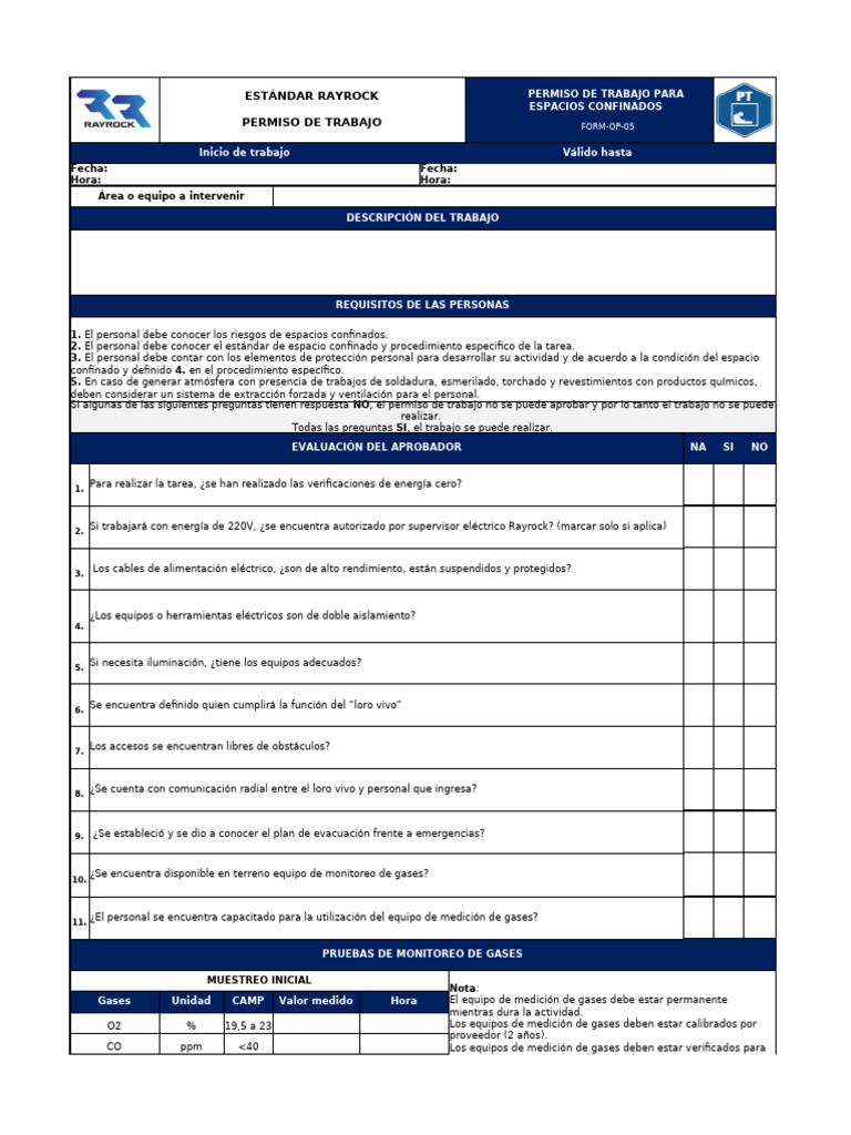 FORM-OP-05 PT Espacios Confinados | PDF | Medición