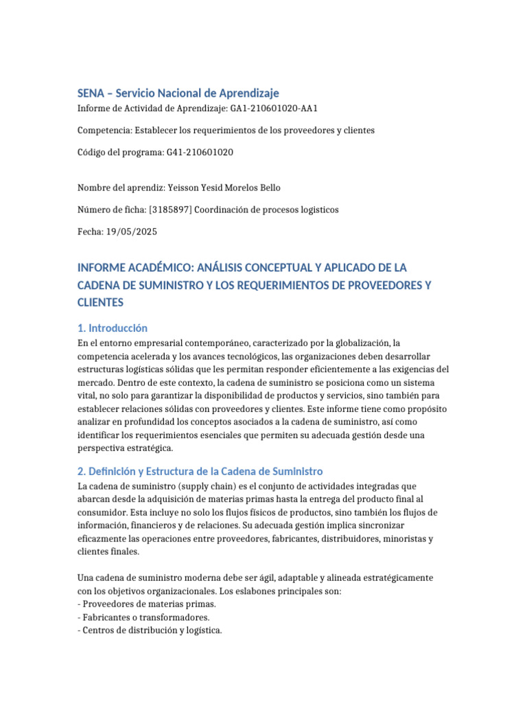 Informe Cadena de Suministro Yeisson | PDF | Cadena de suministro | Logística