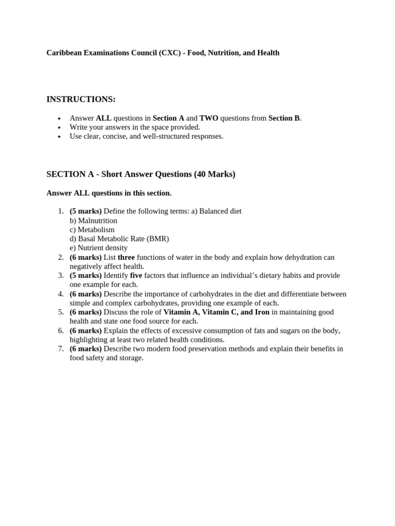 FNH Form 5 CXC Practice Questions | PDF | Diet (Nutrition) | Diet ...