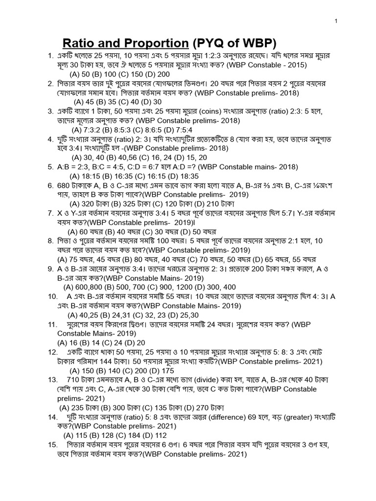 Ratio and Proportion (PYQ of WBP) | PDF