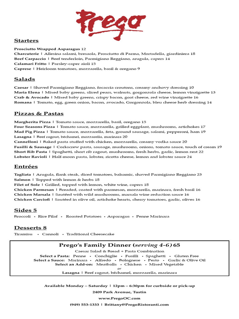 Prego Restaurant Menu Overview | PDF | Pizza | Pasta