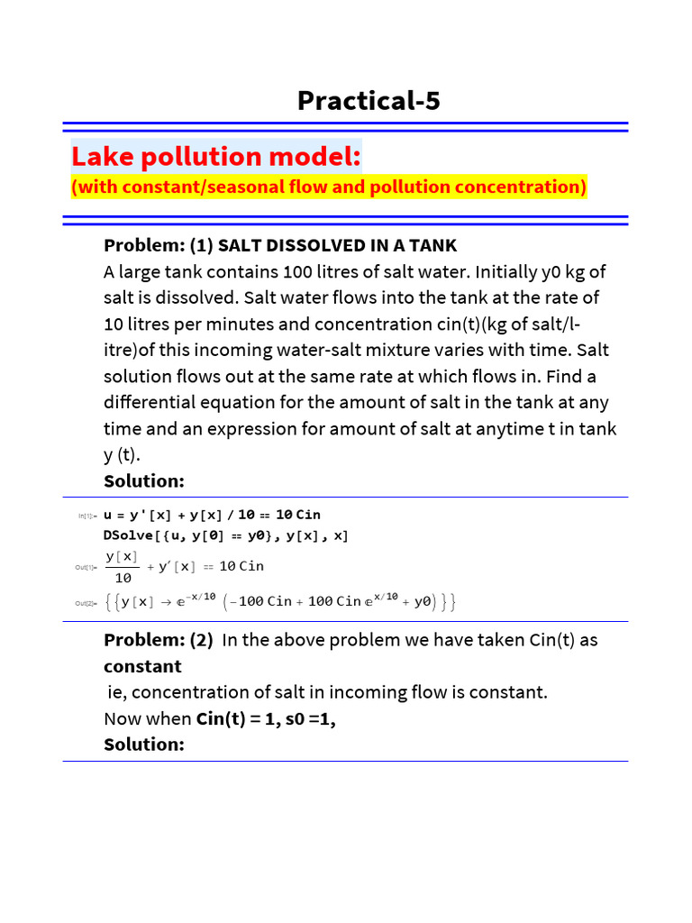 Practical-5 Lake - Polution Model 2022-23 | PDF | Mathematical Objects ...
