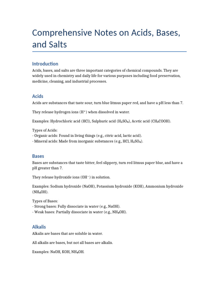 Complete Acids Bases Salts Notes | PDF | Acid | Salt (Chemistry)