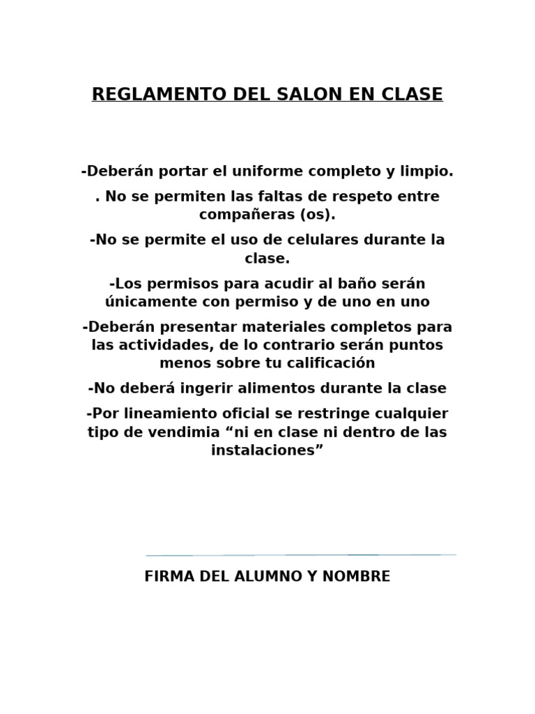 Reglamento Del Salon en Clase | PDF