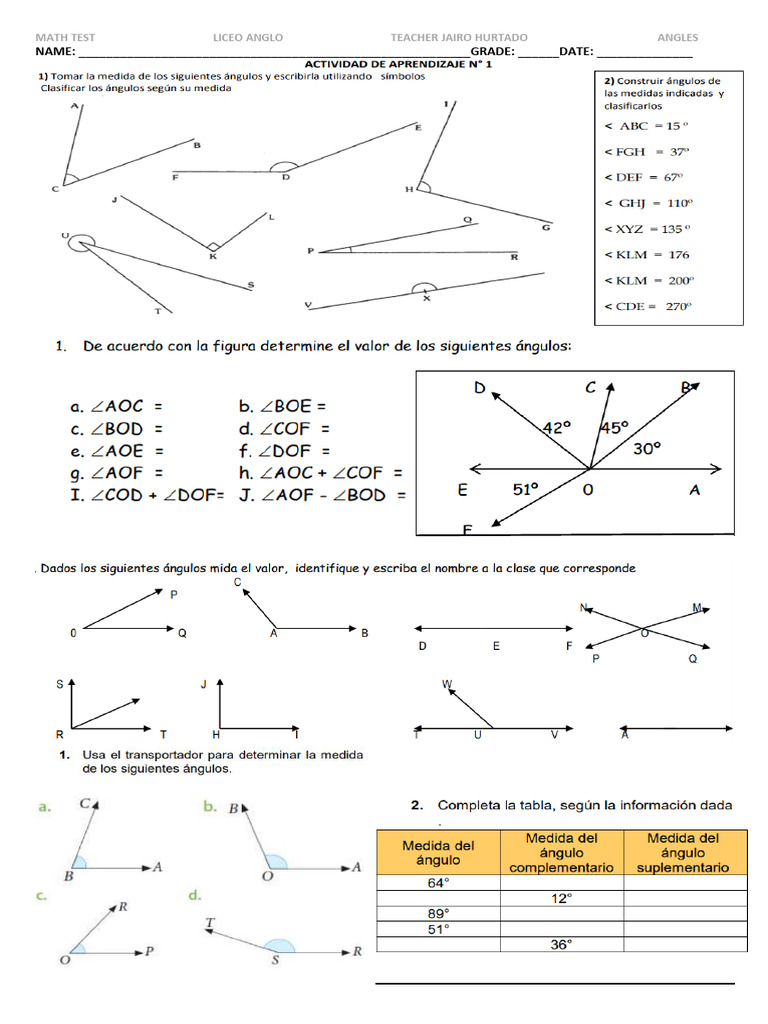 Math Test Sergio and Juan Jose Angles and Word Problems With Fractions ...