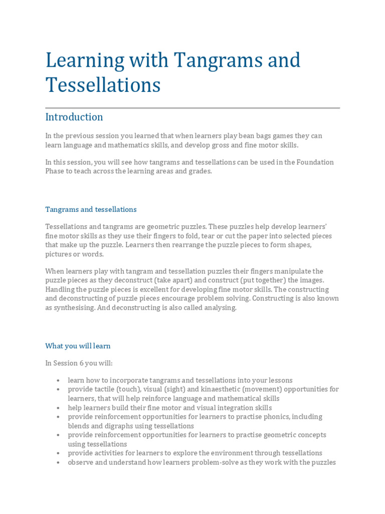 Tangrams and Tesselations | PDF | Learning | Phonics