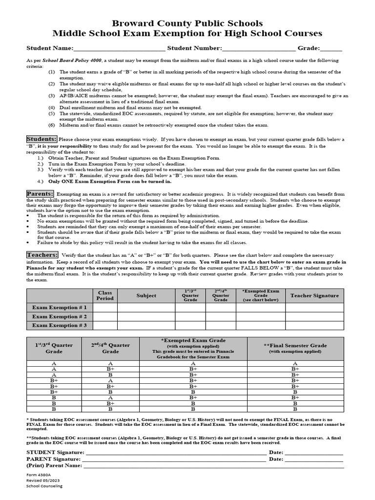High School Exam Exemption Form | PDF | Academic Term | Educational Stages