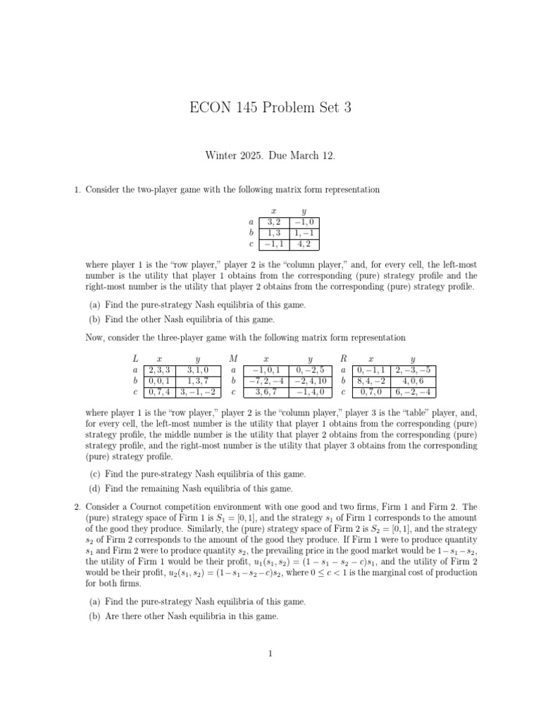 ECON 145 Problem Set 3: Game Theory Analysis | PDF | Economic ...