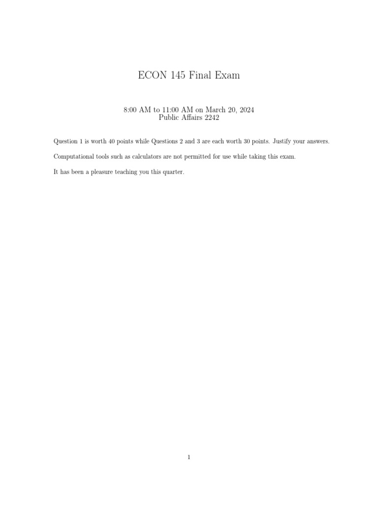 ECON 145 Final Exam Overview | PDF | Microeconomics | Economics
