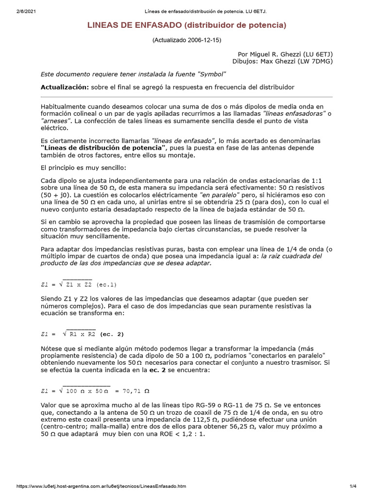 L Neas de Enfasado - Distribuci N de Potencia. LU 6ETJ | PDF | Antena (Radio) | Frecuencia
