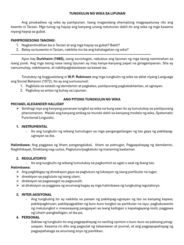 Tungkulin NG Wika Sa Lipunan Handout | PDF