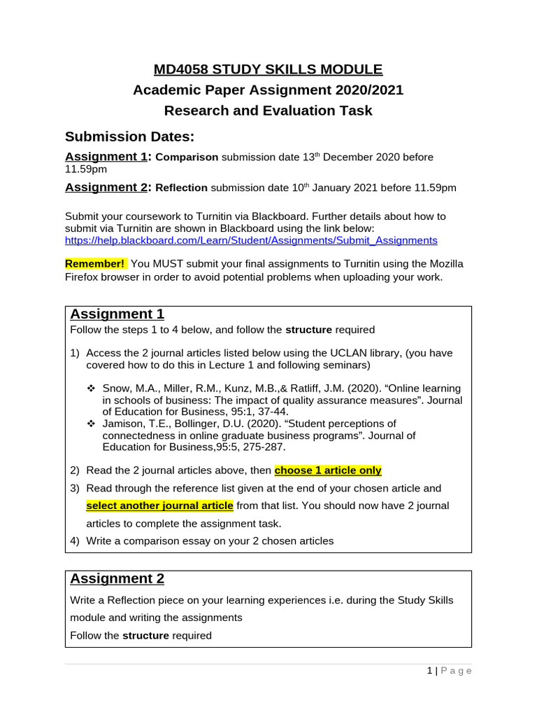 Study Skills 2020-2021 Academic Paper Assignment Autumn Semester V2 ...
