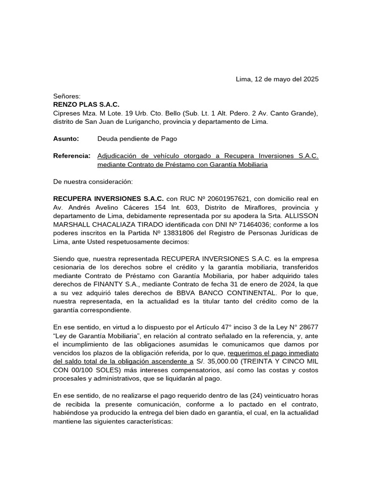 Carta-Renzo Plas S.A.C. | PDF