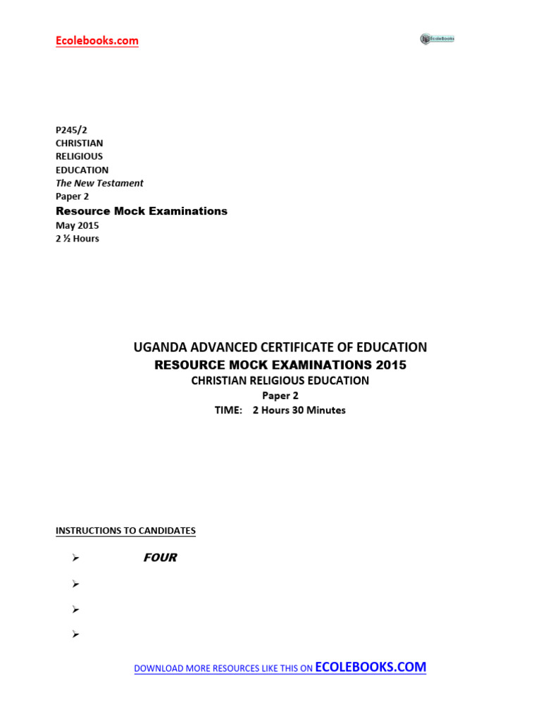 s.6 Divinity Paper 2 Resource Revision Past Papers | PDF | Gospel Of Mark | Paul The Apostle