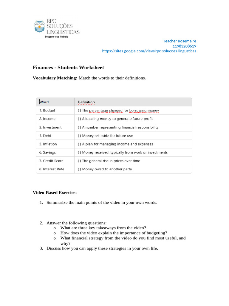 Finances students worksheet | PDF | Budget | Reading Comprehension