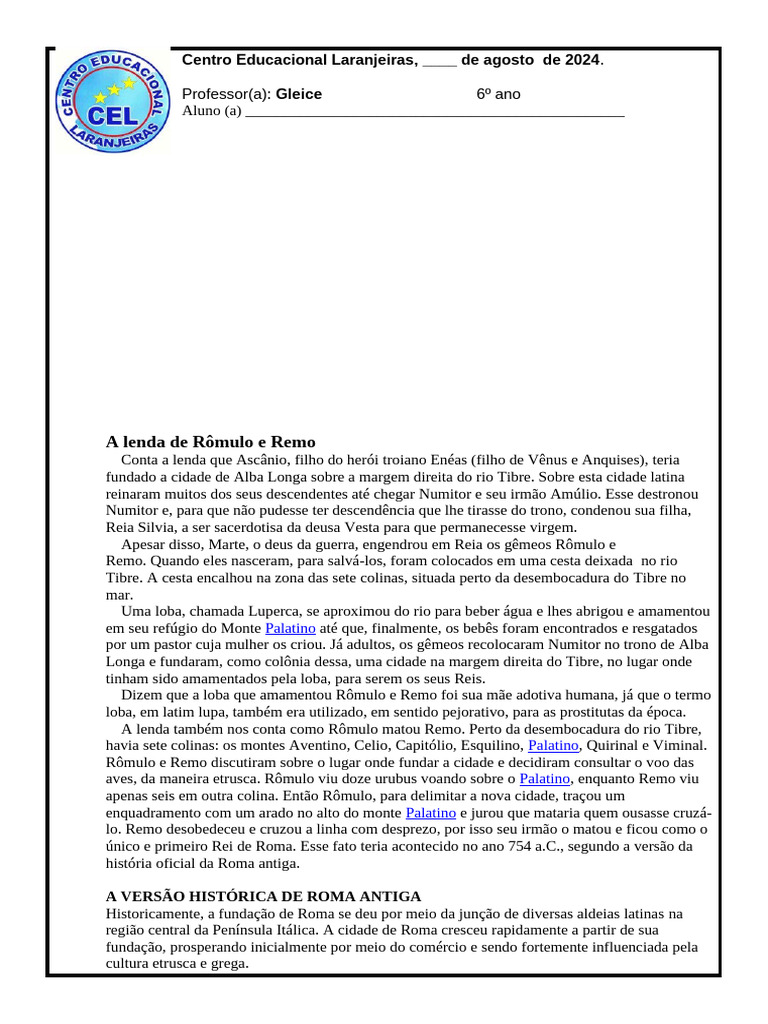 6 ano hist ativ cel roma antiga resumão | PDF | Rômulo e Remo | Mitologia romana