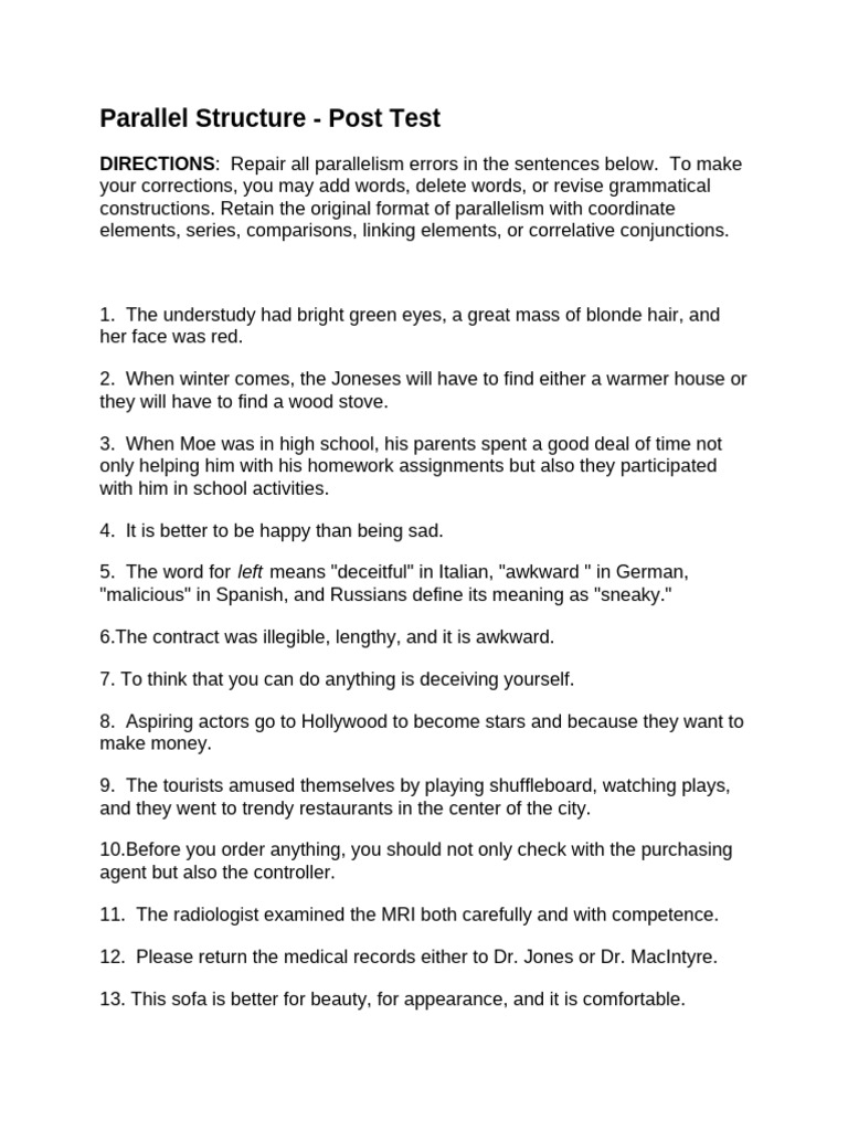 Parallel structure- post test | PDF