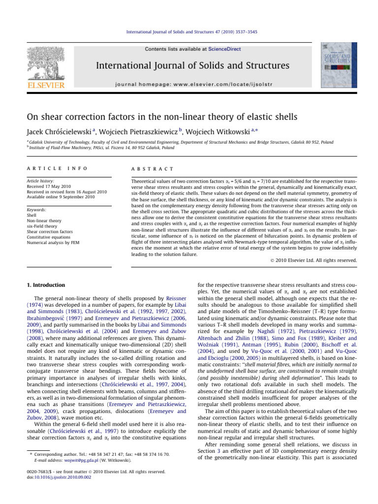 On Shear Correction Factors in the Non l (2) | PDF | Stress (Mechanics ...