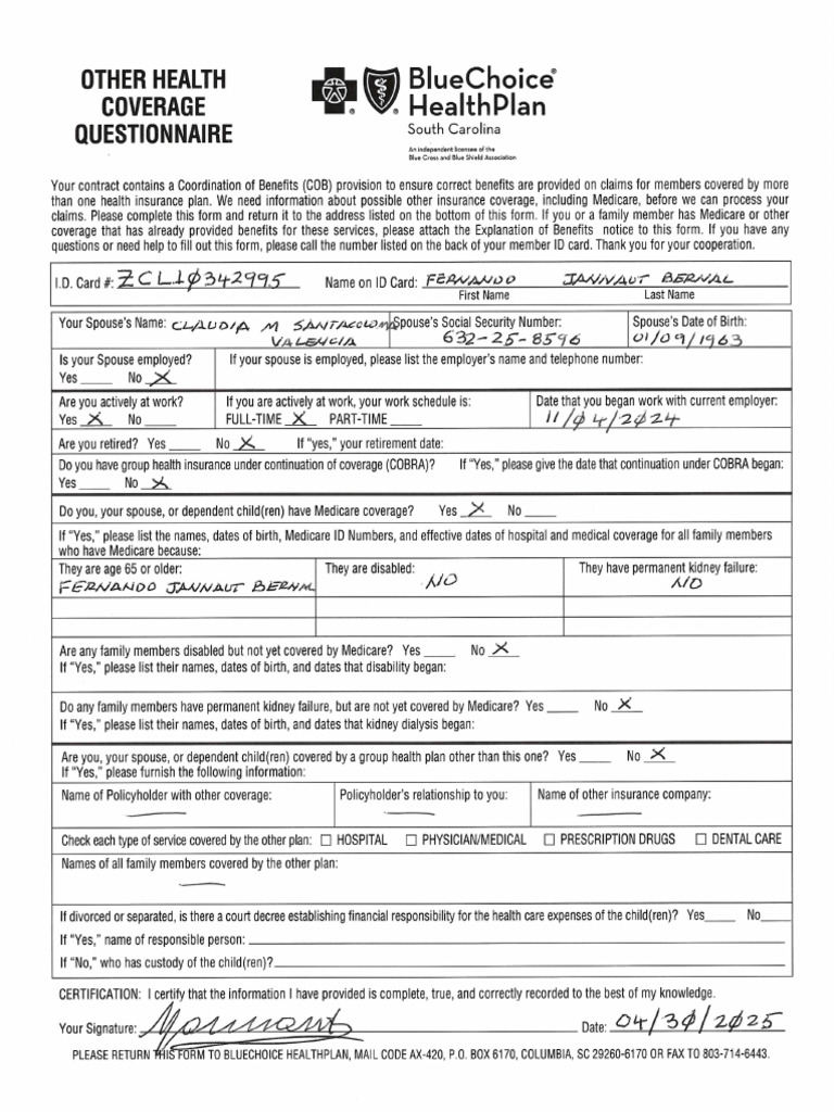 2025 04 30 BCBH Questioinaire | PDF