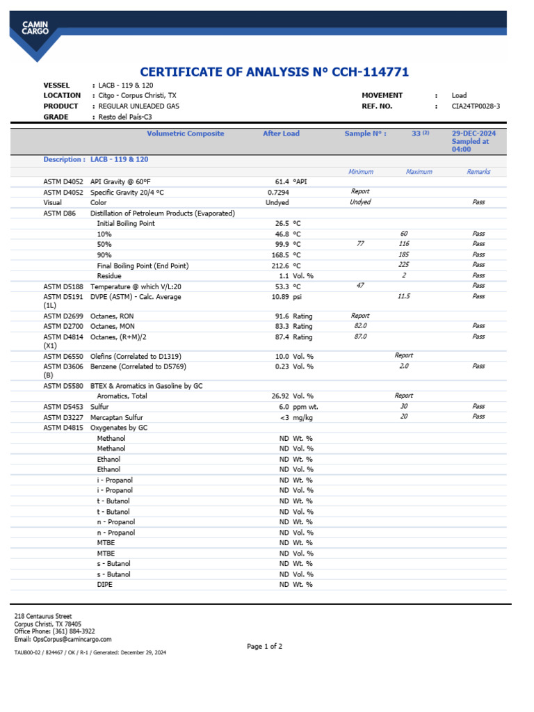 Barge COA CCH114771TAUB00-02Laboratory-Standard24-48-29-044840712 | PDF ...