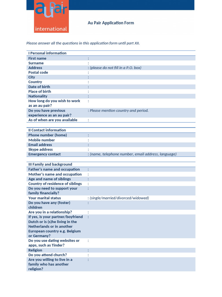 Au Pair Application Form 3 | PDF | Housekeeping | Child Care
