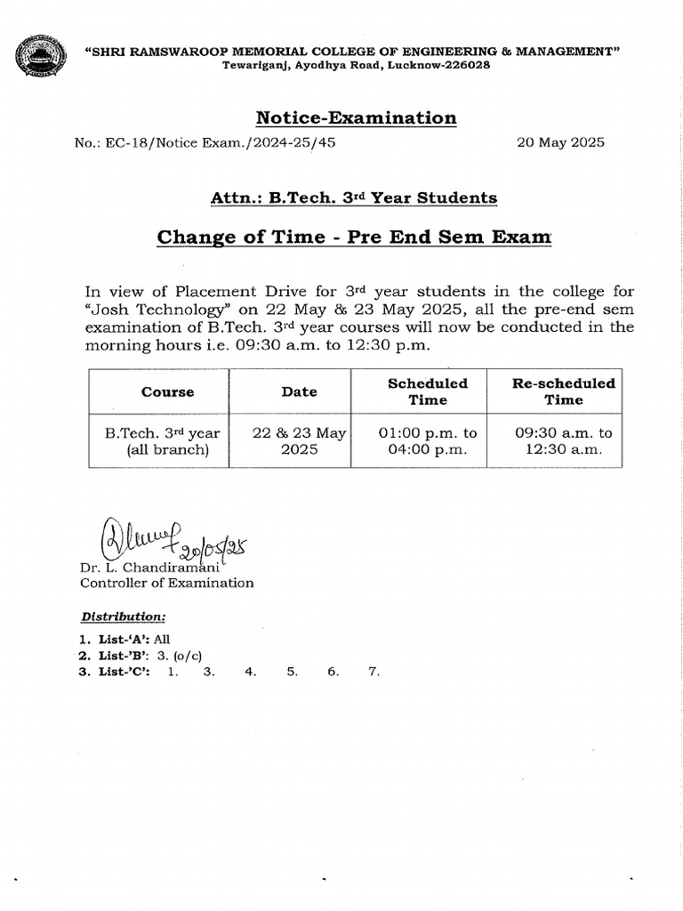 Change of Time Pre End Semester Exam On 22,23 May 2025 | PDF