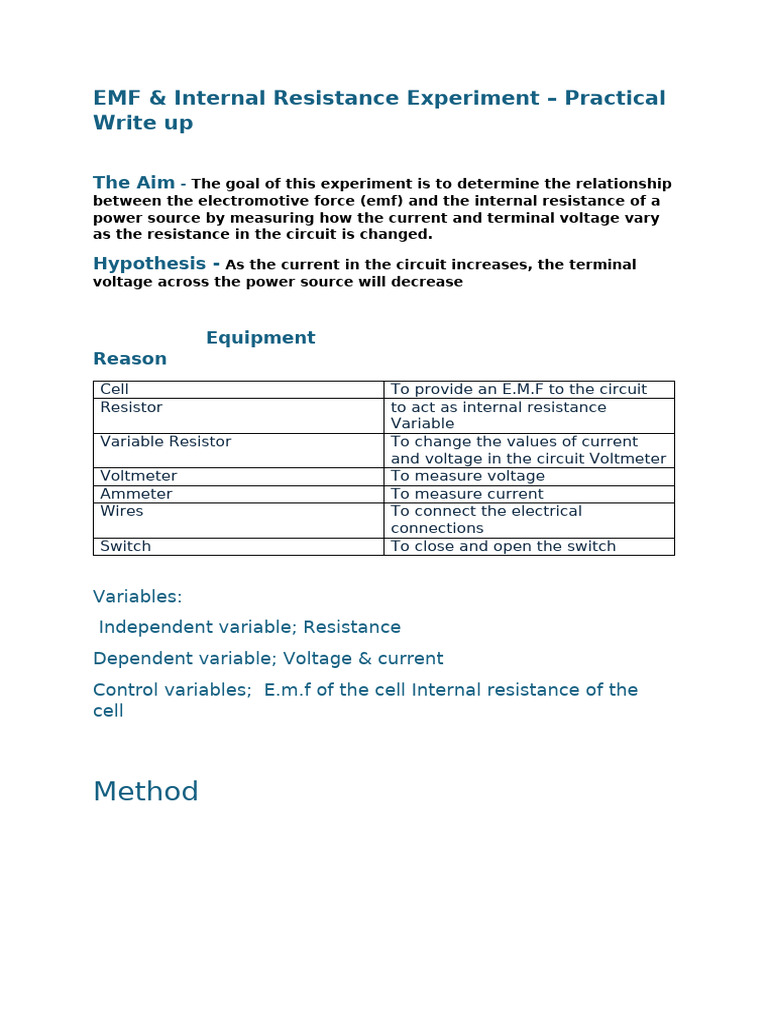 Method: EMF & Internal Resistance Experiment - Practical Write Up | PDF