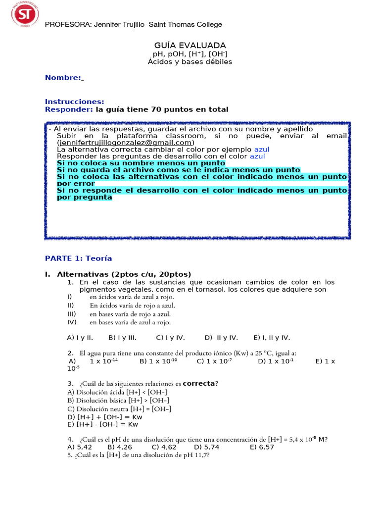 Guia Evaluada PH, Poh, Ac Base Debiles | PDF | Ph | Ácido