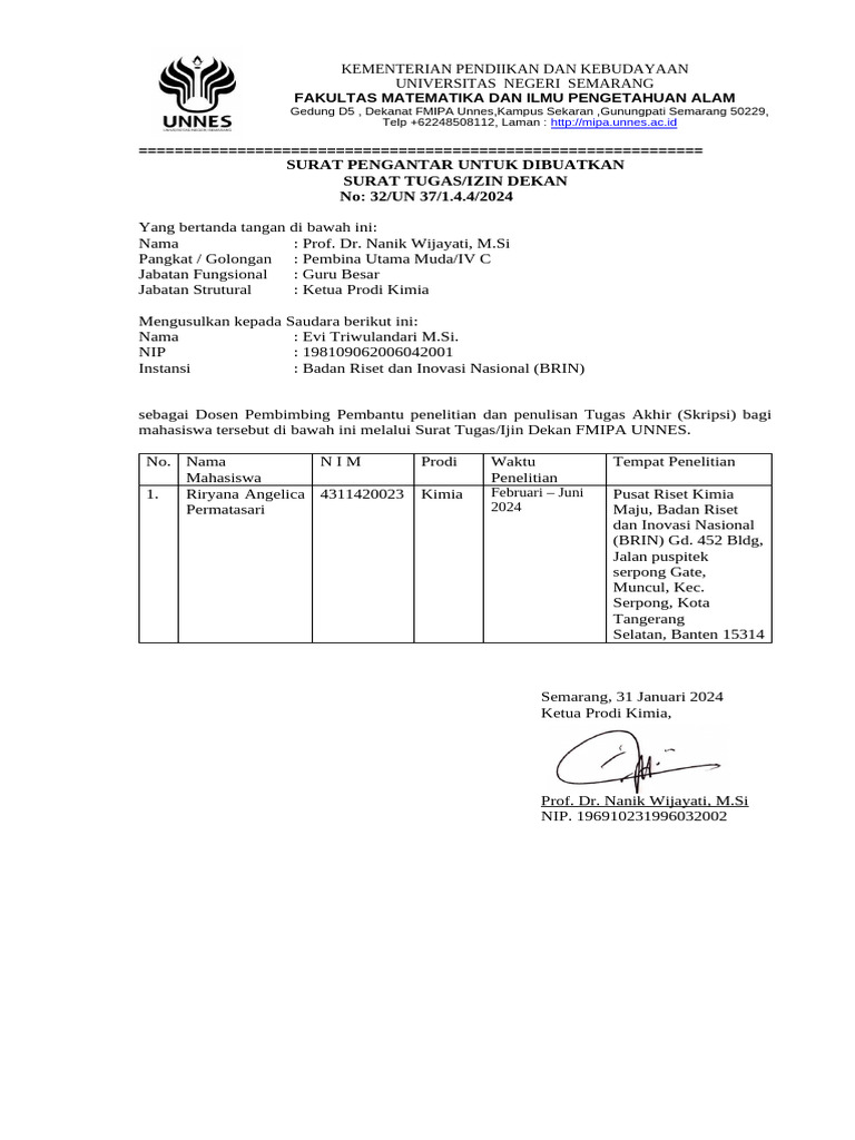 Surat Pengantar SK Dosbing BRIN | PDF