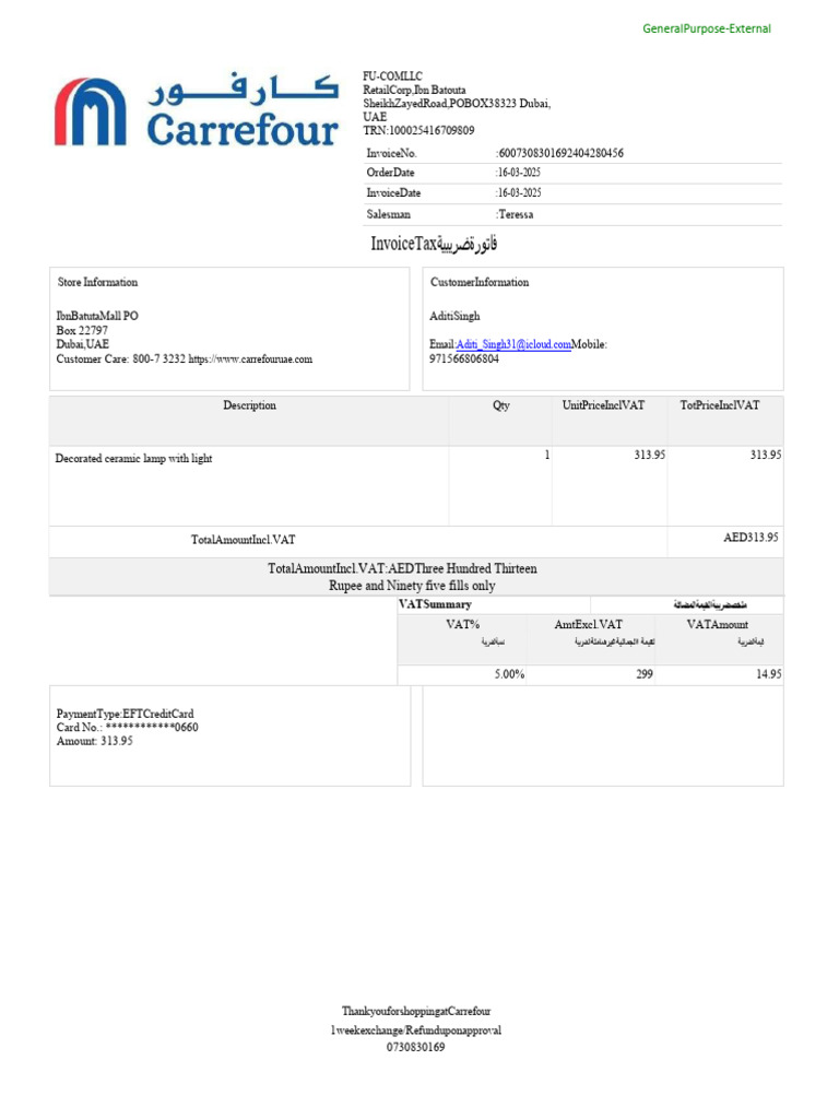 Carrefour Invoice for Ceramic Lamp | PDF