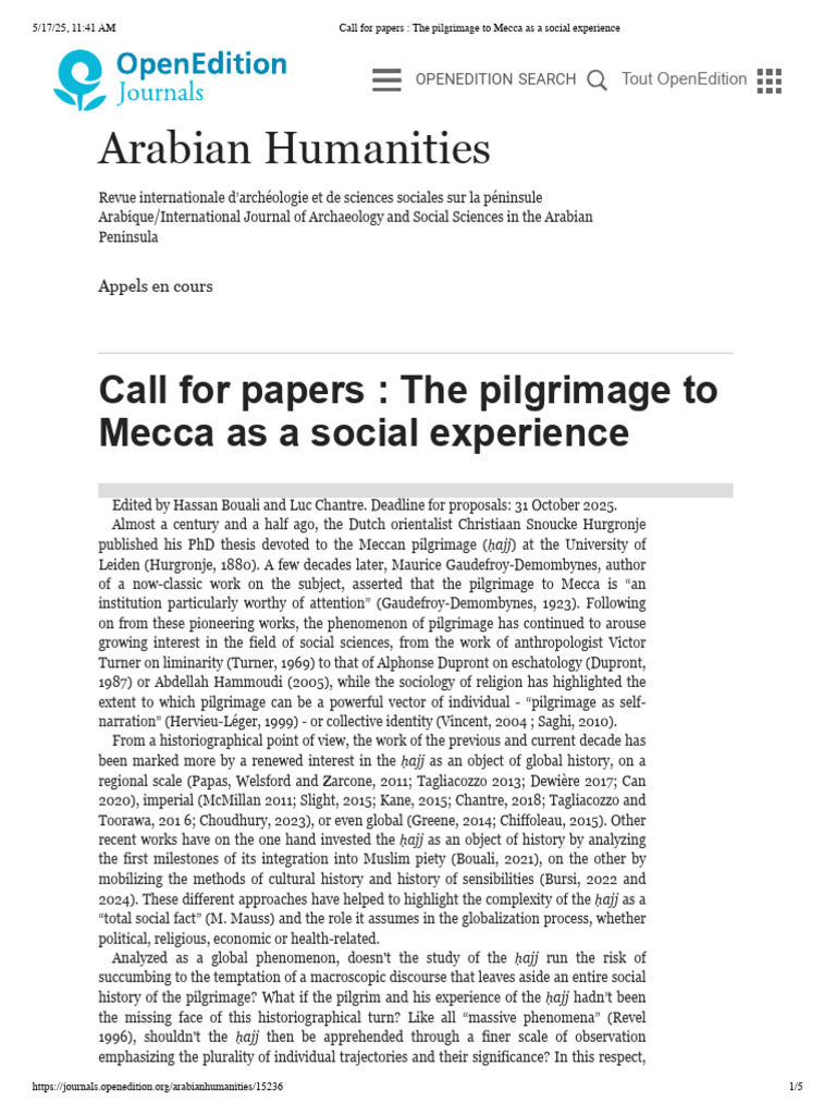 CfP The Pilgrimage to Mecca as a Social Experience | PDF | Hajj ...