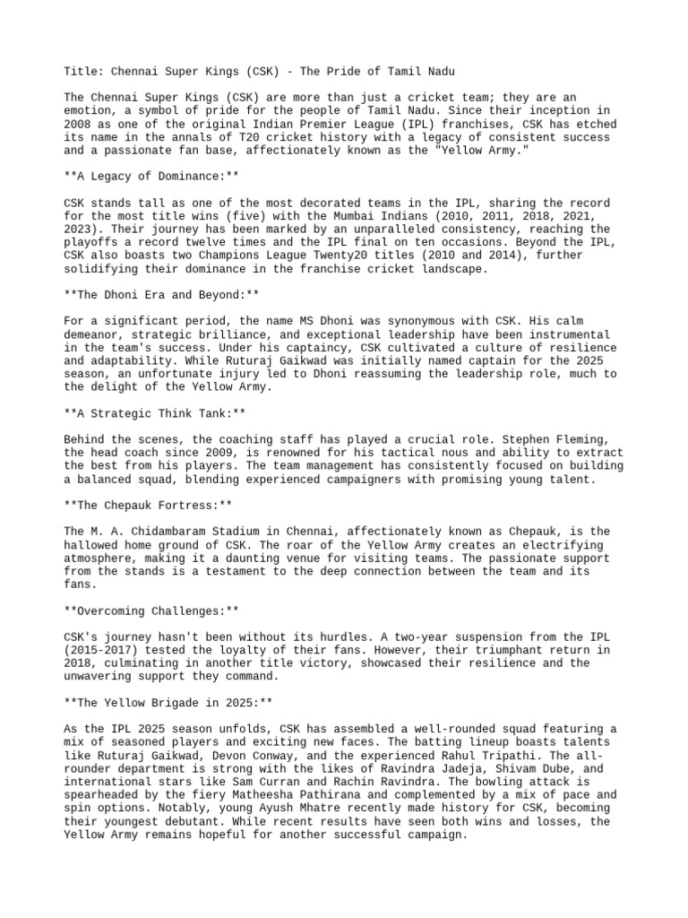 Chennai Super Kings (CSK) - T | PDF | Summer Sports | Team Sports