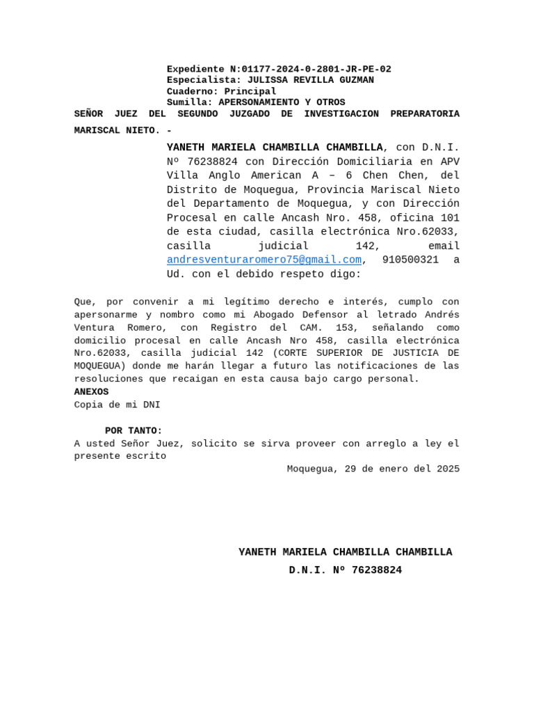 Apersonamiento Yaneth Chambilla | PDF