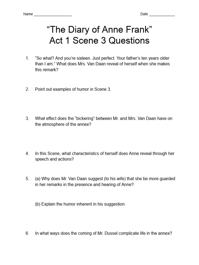 The Diary of Anne Frank Act 1 Scene 3 Questions | PDF