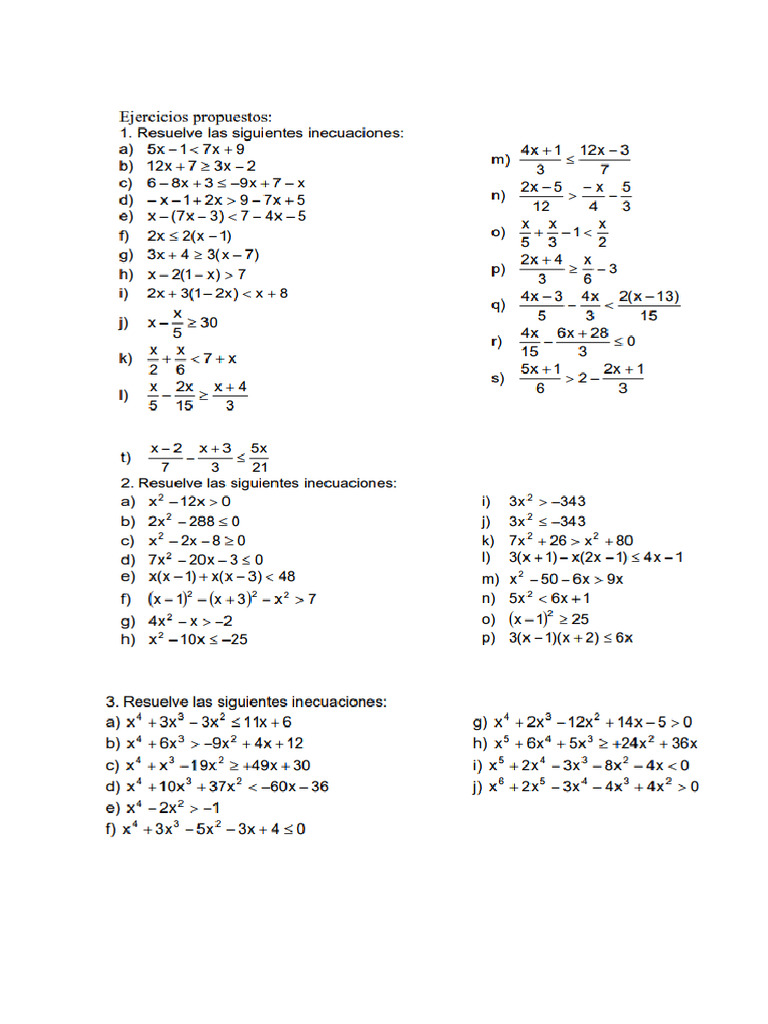 EJERCICIOS SOBRE INECUACIONES LINEALES Y CUADRATICAS | PDF