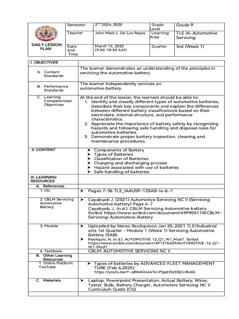 Automotive Servicing Lesson Plan in TTL2-2 | PDF | Rechargeable Battery ...