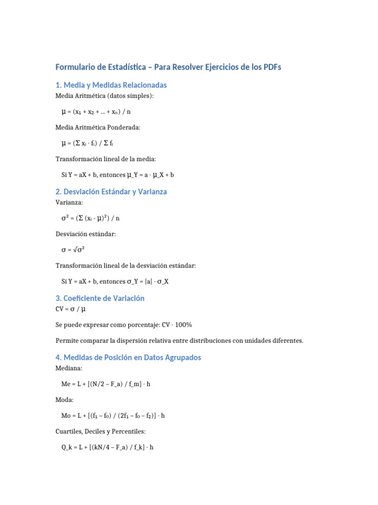 Formulario Estadistica Ejercicios | PDF