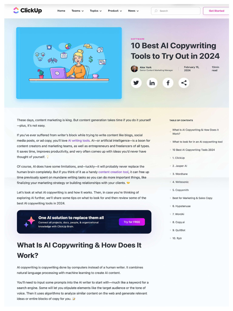 10 Best AI Copywriting Tools To Try Out in 2024 - ClickUp | PDF
