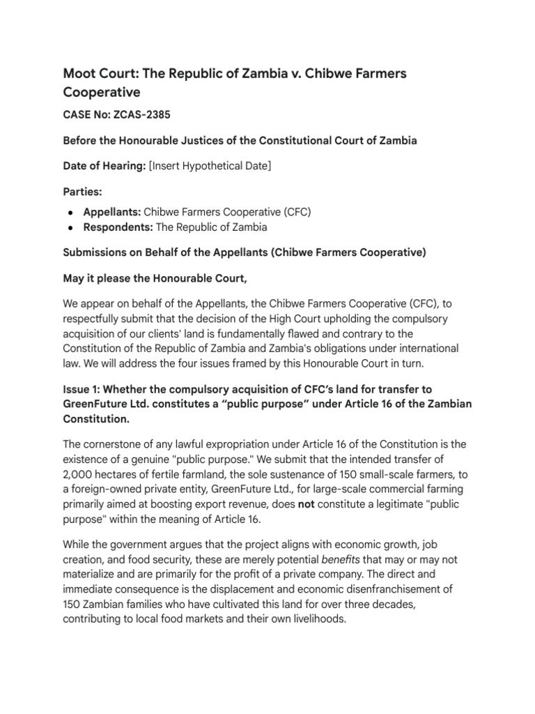 Moot Court - The Republic of Zambia v. Chibwe Far... | PDF | Eminent ...
