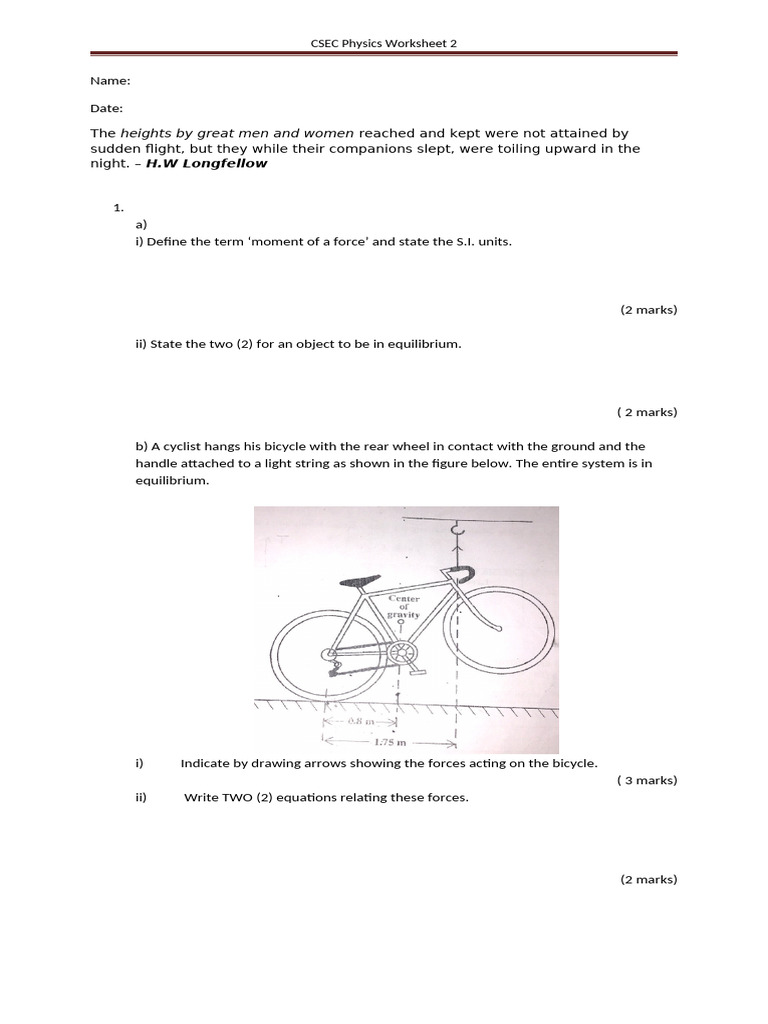 CSEC Physics Worksheet 2 Final With Solutions | PDF | Physical Phenomena | Physical Sciences