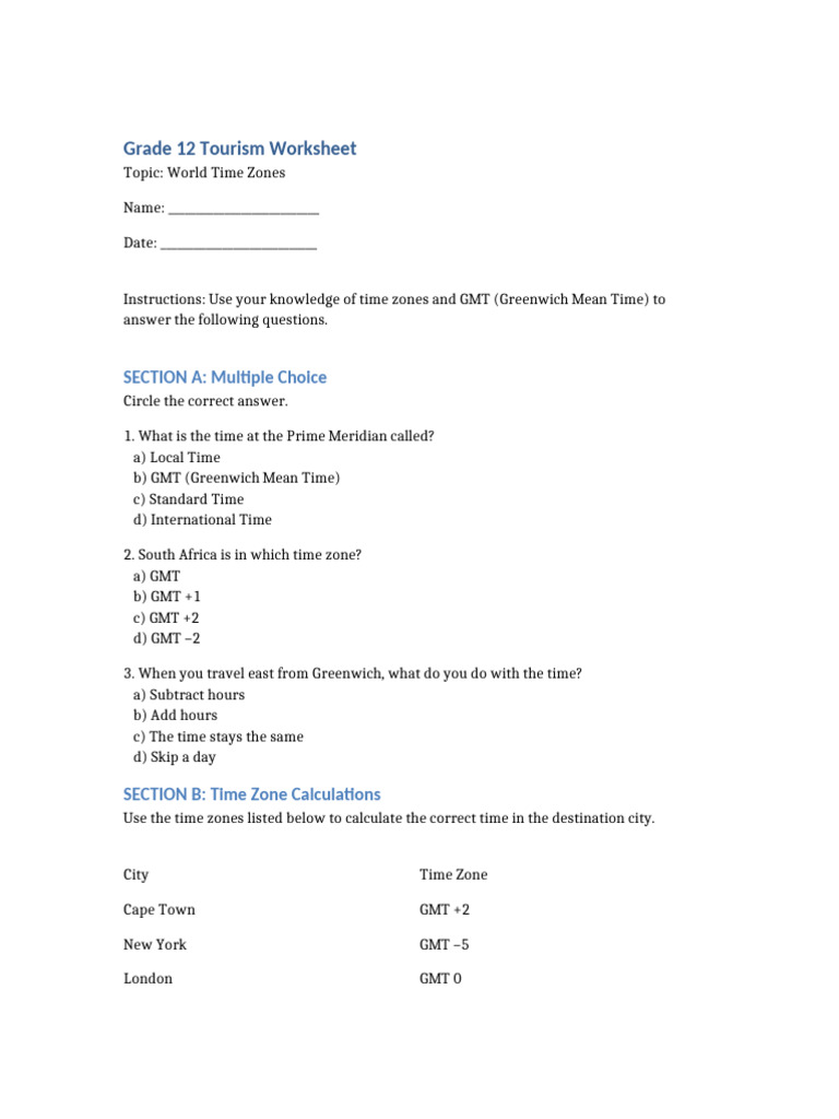 Grade 12 Time Zone Calculations Worksheet | PDF