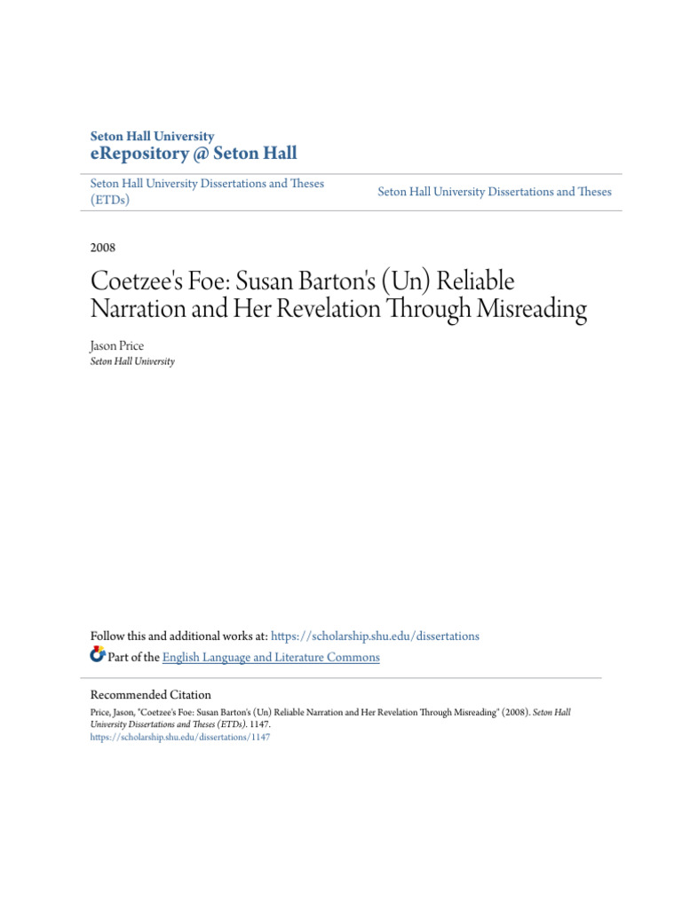 Coetzee's Foe -- Susan Barton's (Un) Reliable Narration and Her ...