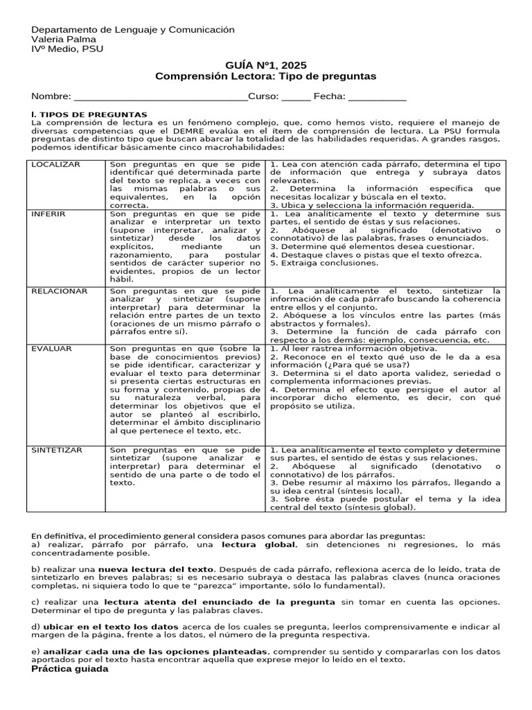Guía n1, Com. Lec. - Habilidades de Lectura, Docente | PDF ...