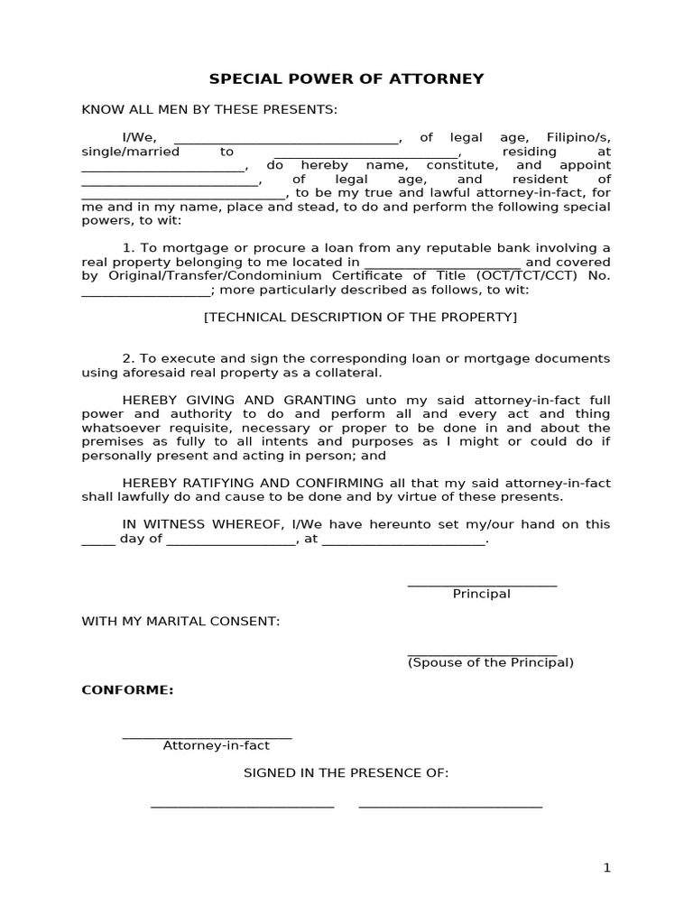 Special Power of Attorney Template | PDF | Power Of Attorney | Civil ...
