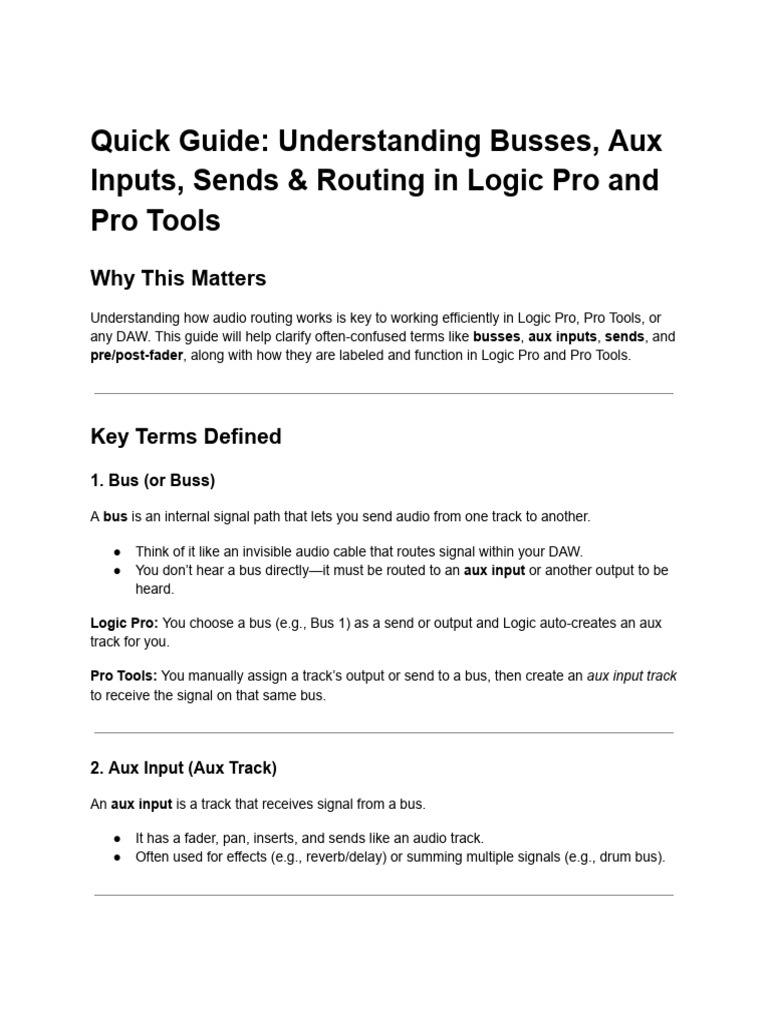 Quick Guide - Understanding Busses, Aux Inputs, Sends & Routing in Logic Pro and Pro Tools | PDF ...