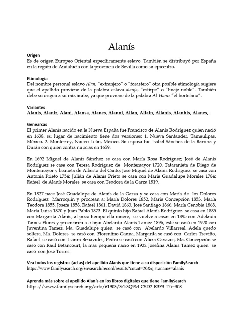 Origen y etimología del apellido Alanís | PDF