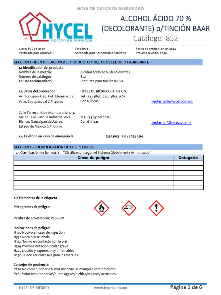 Hoja de Seguridad Alcohol Ácido 70% | PDF | Ácido | Agua